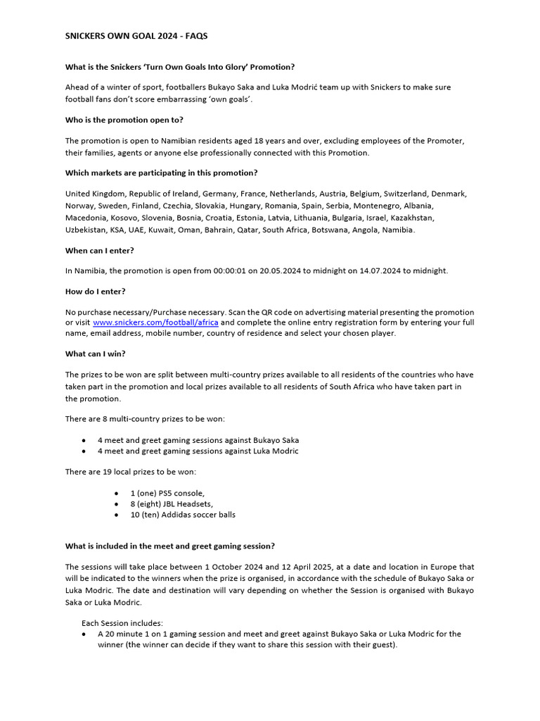 Snickers Own Goal 2024 Website FAQs Copy Deck - NAMIBIA (1) | PDF