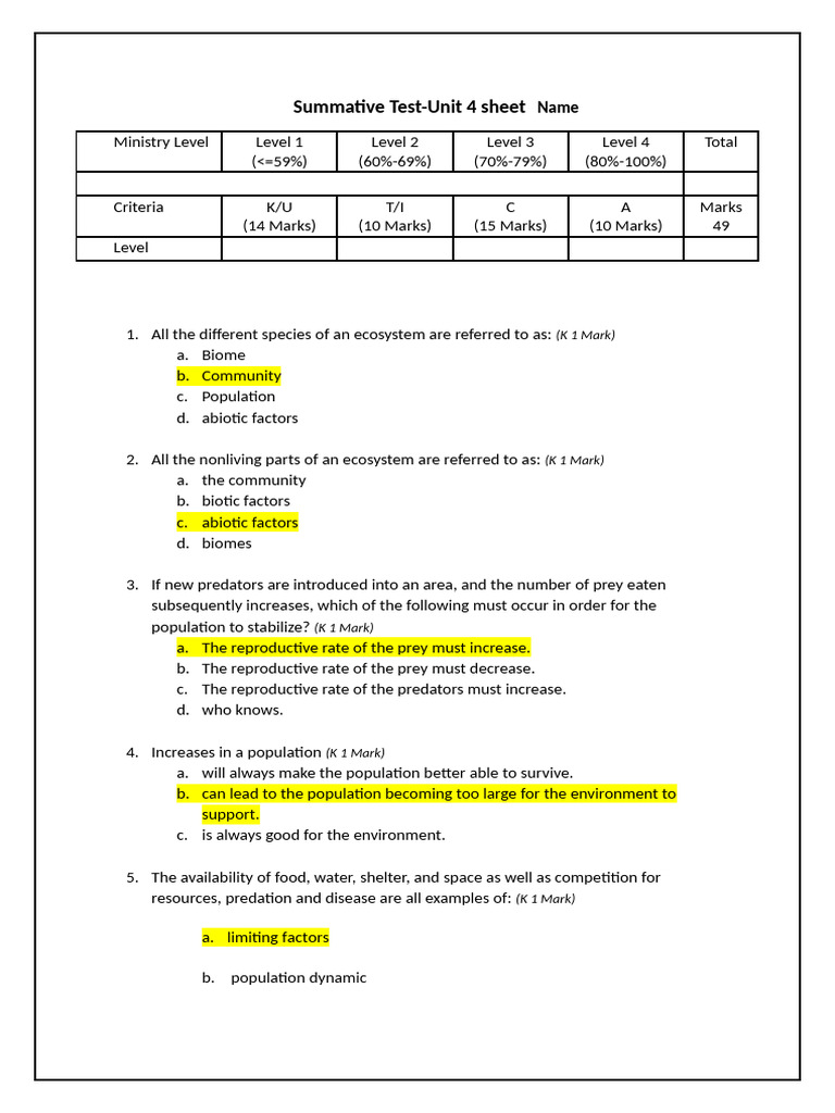 Summative Test - Unit 4 Sheet - May 9 | PDF