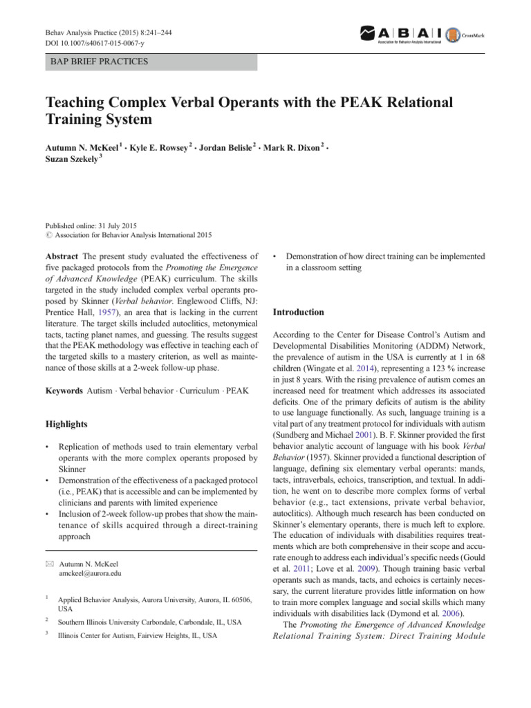 Teaching Complex Verbal Operants With The PEAK Relational Training ...