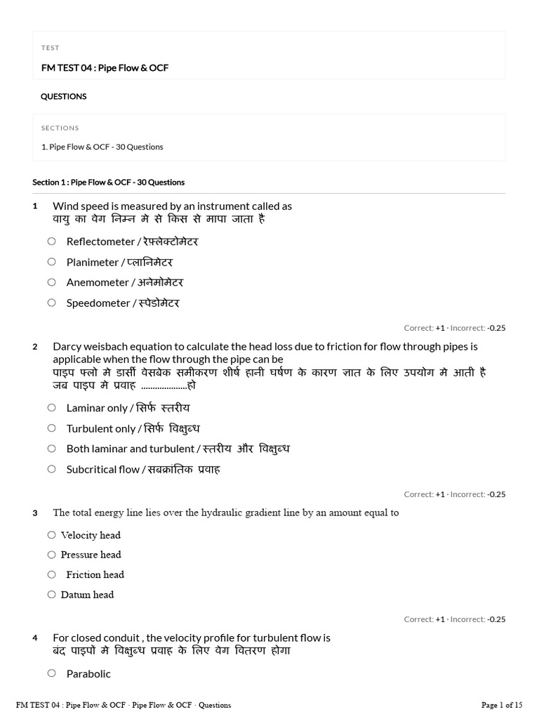 FM Test 04 21 Oct (Pipe Flow & OCF) | PDF | Pressure | Mechanics