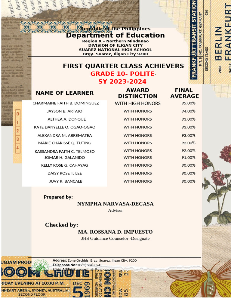 1st Quarter Class Achievers | PDF