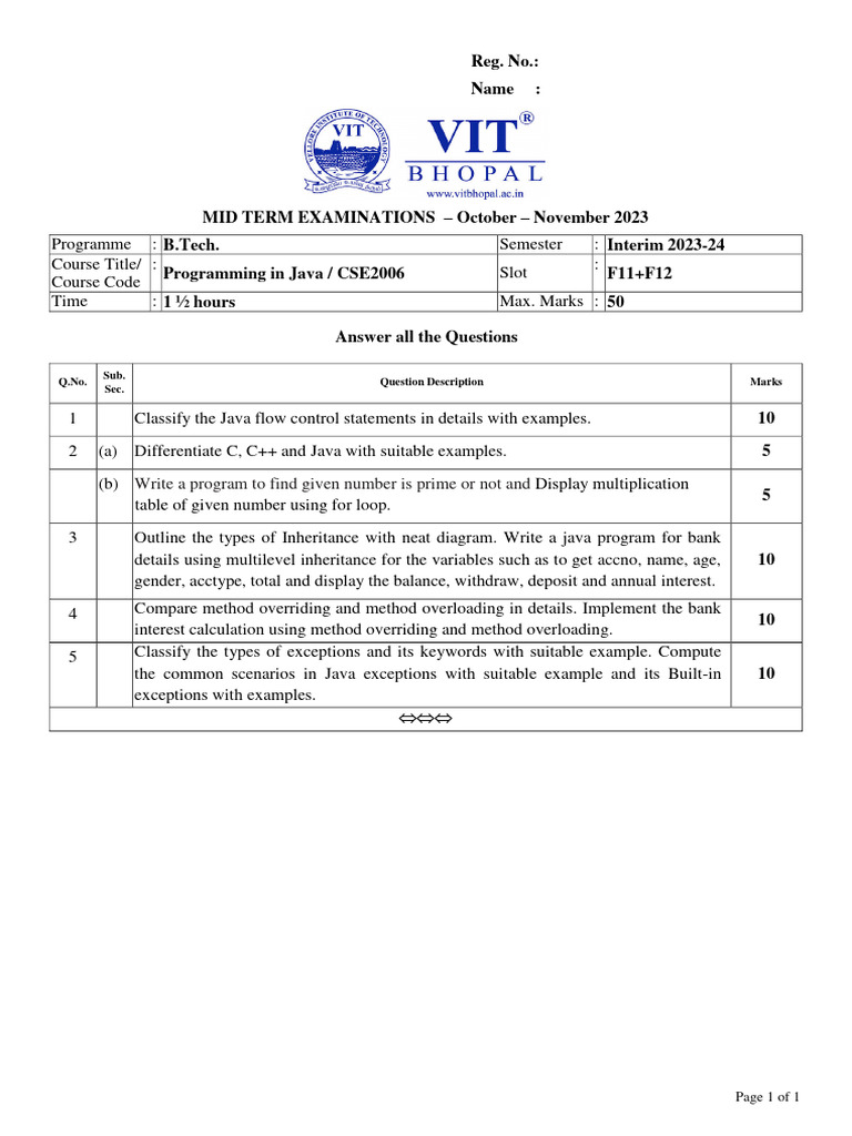 Programming in Java - Mid QP | PDF