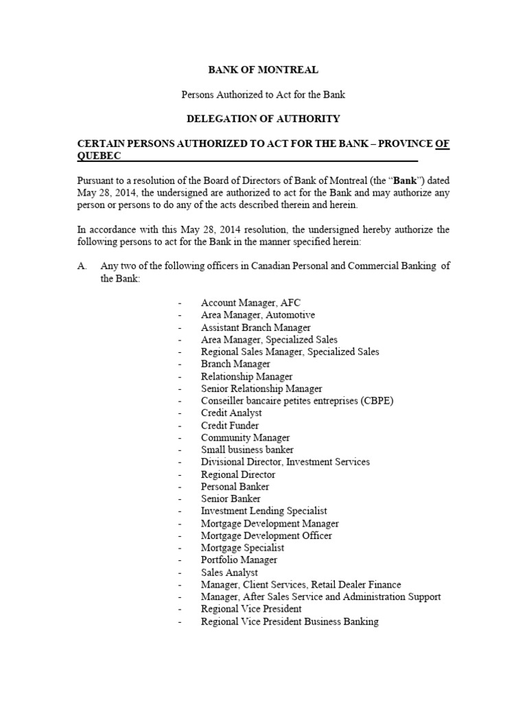 BMO Signing Authorities Certificate Resolution Delegation EN | PDF