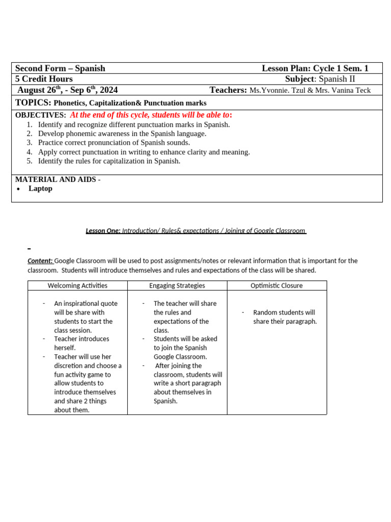 Spanish Cycle 1 Semester 1 2024 | PDF | Lesson Plan | Career & Growth