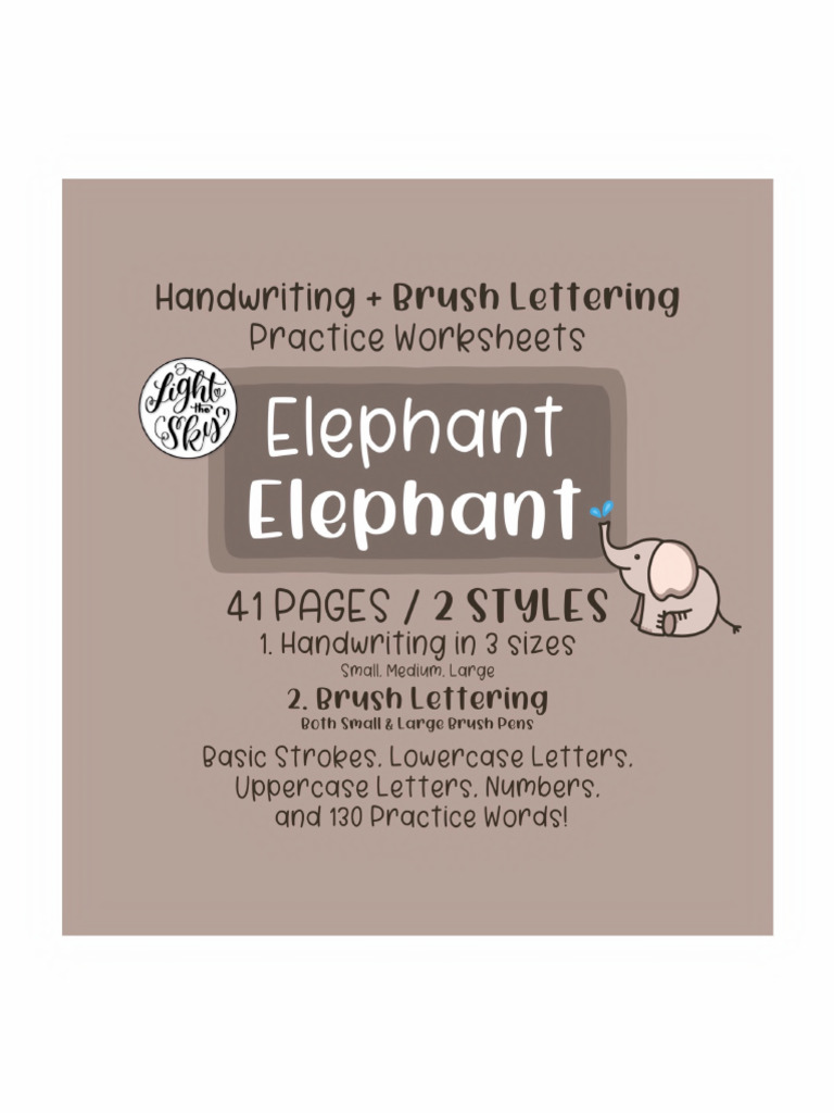 Elephant Handwriting and Brush Lettering Practice Worksheets | PDF