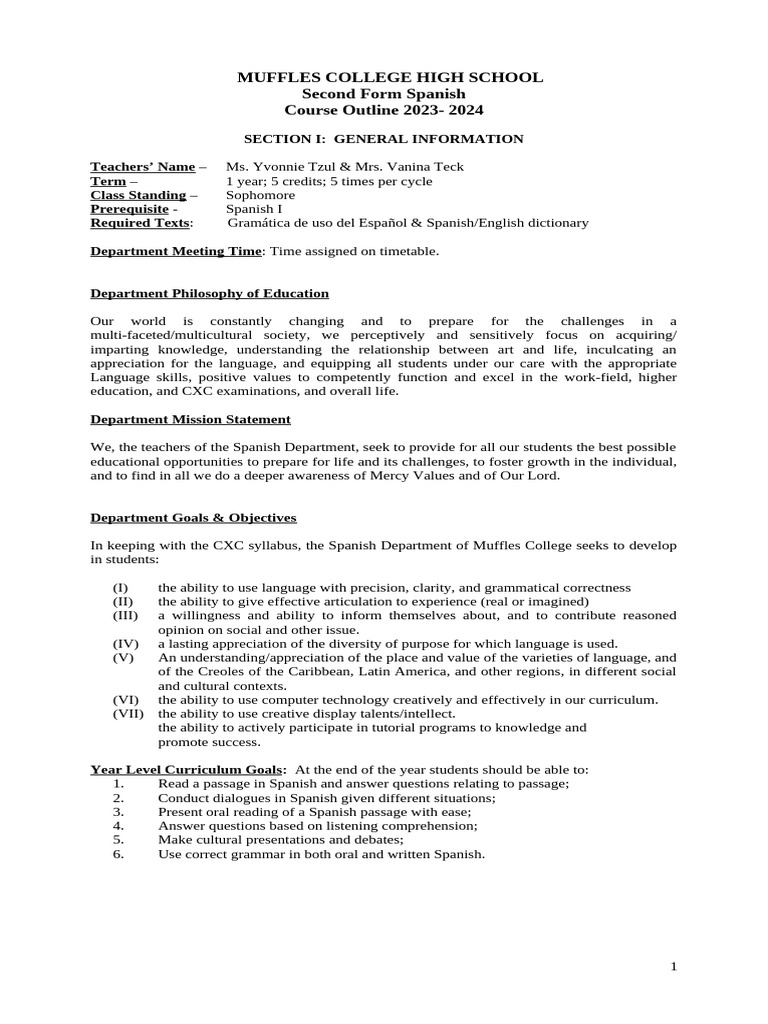 Spanish Course Outline 2nd Form 2024-2025 | PDF | Grammatical Tense ...