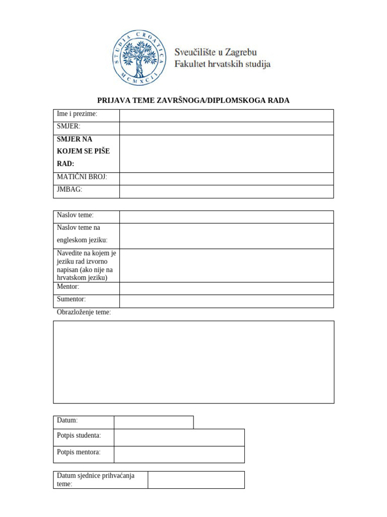 Obrazac - Prijava Teme | PDF