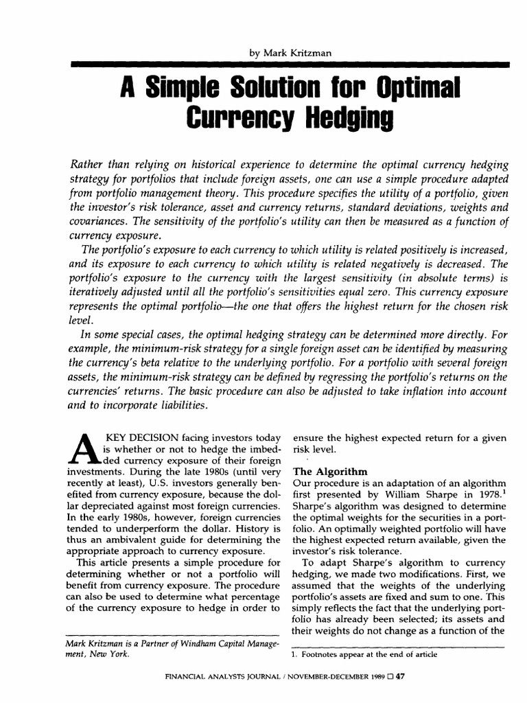 A Simple Solution For Optimal Currency Hedging Pdf Hedge Finance