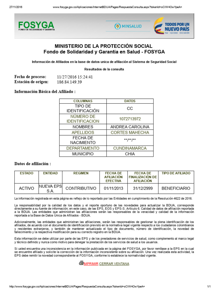 WWW - Fosyga.gov - Co Aplicaciones InternetBDUA Pages RespuestaConsulta | PDF