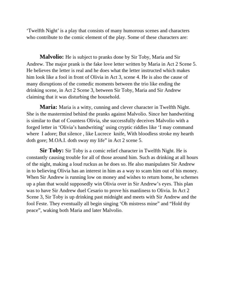 Twelfth Night Characters | PDF