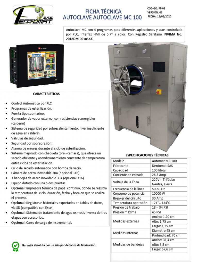 Ficha Técnica Autoclave 100 litros MC | PDF