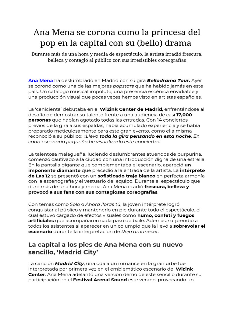 Ana Mena Se Corona Como La Princesa Del Pop en La Capital Con Su | PDF