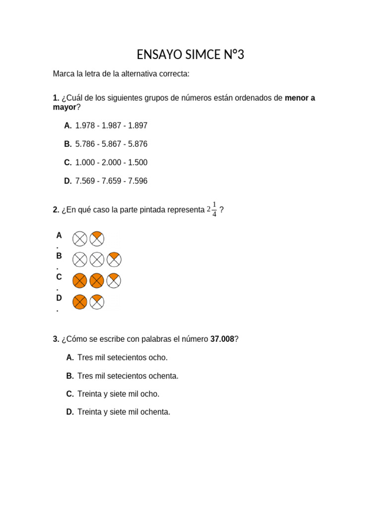 Ensayo Simce 3 Matematica Cuarto Básico | PDF