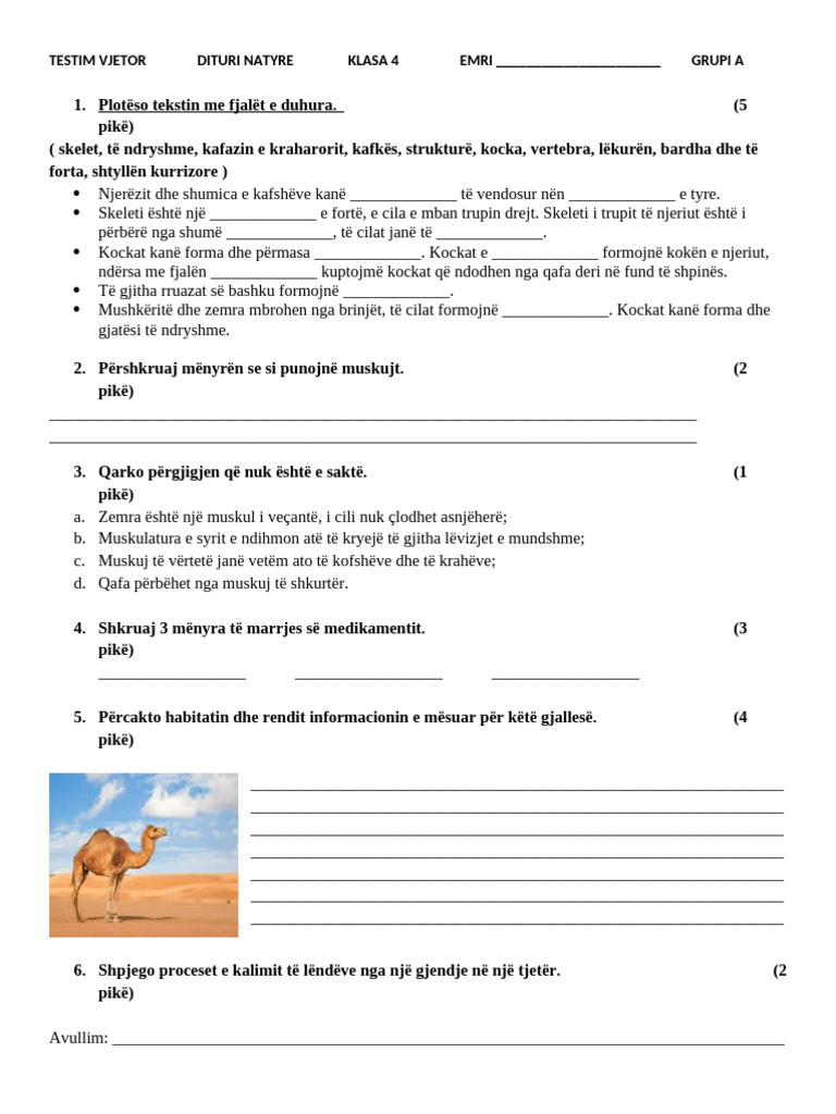 Testim Vjetor Dituri Natyre Klasa 4 Emri | PDF