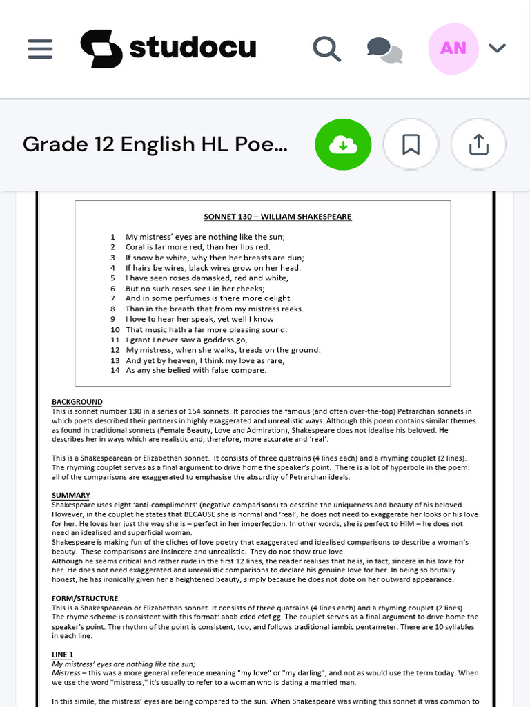 Grade 12 English HL Poetry Text With Notes - Revised 2024 - English ...