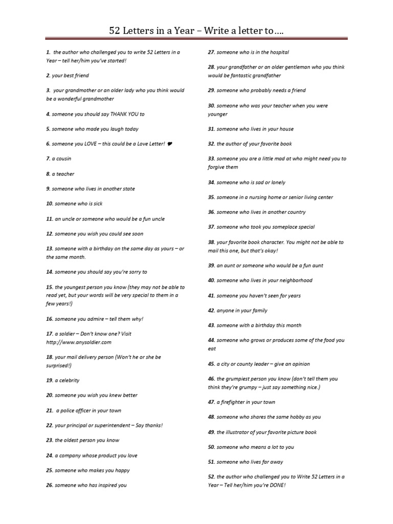 52 Letters in A Year Recipient Ideas | PDF