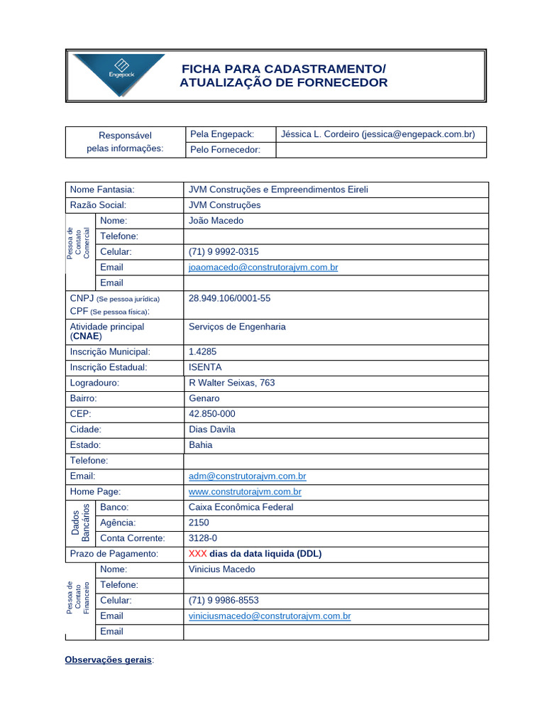 Ficha para Cadastro Atualizada | PDF
