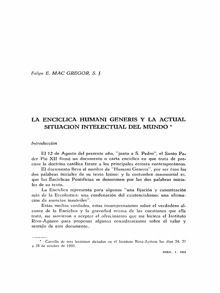 La Encíclica Humani Generis y La Actual Situación Intelectual Del Mundo ...