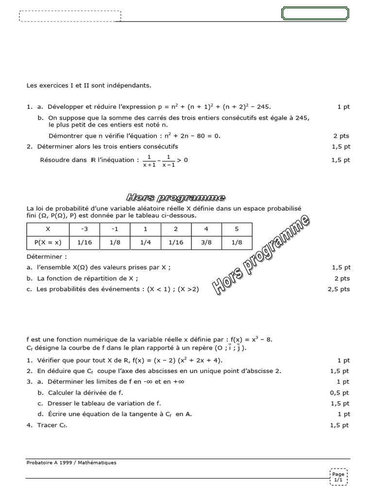 Maths Probatoire A 1999-2022-1 | PDF