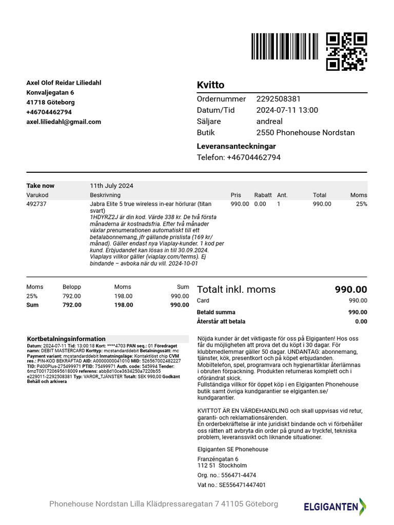 Kvitto: Totalt Inkl. Moms | PDF