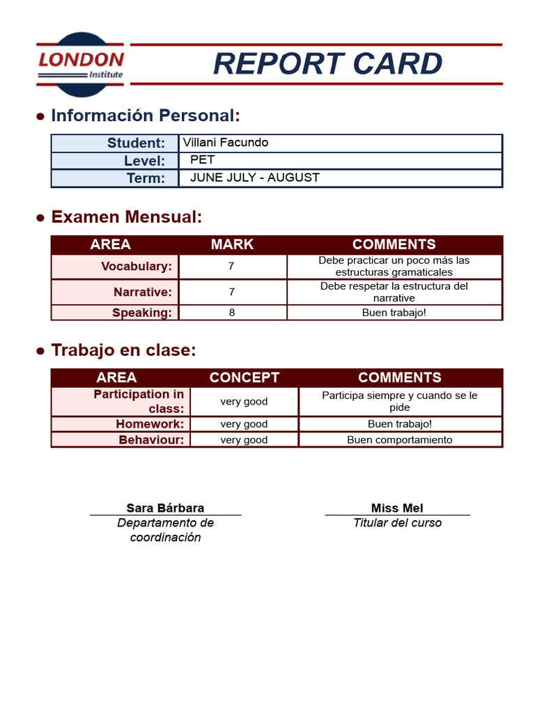 Report Cards LEVEL 1.docx-8 | PDF