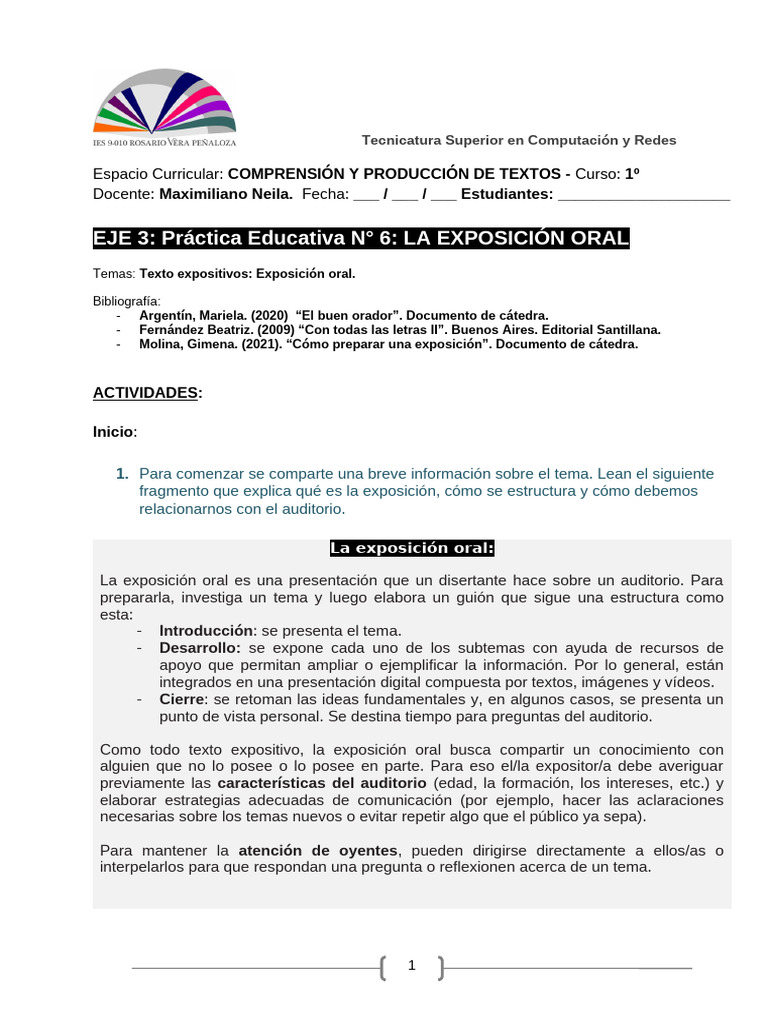 Eje 3. Práctica Educativa #6 - La Exposición Oral | PDF
