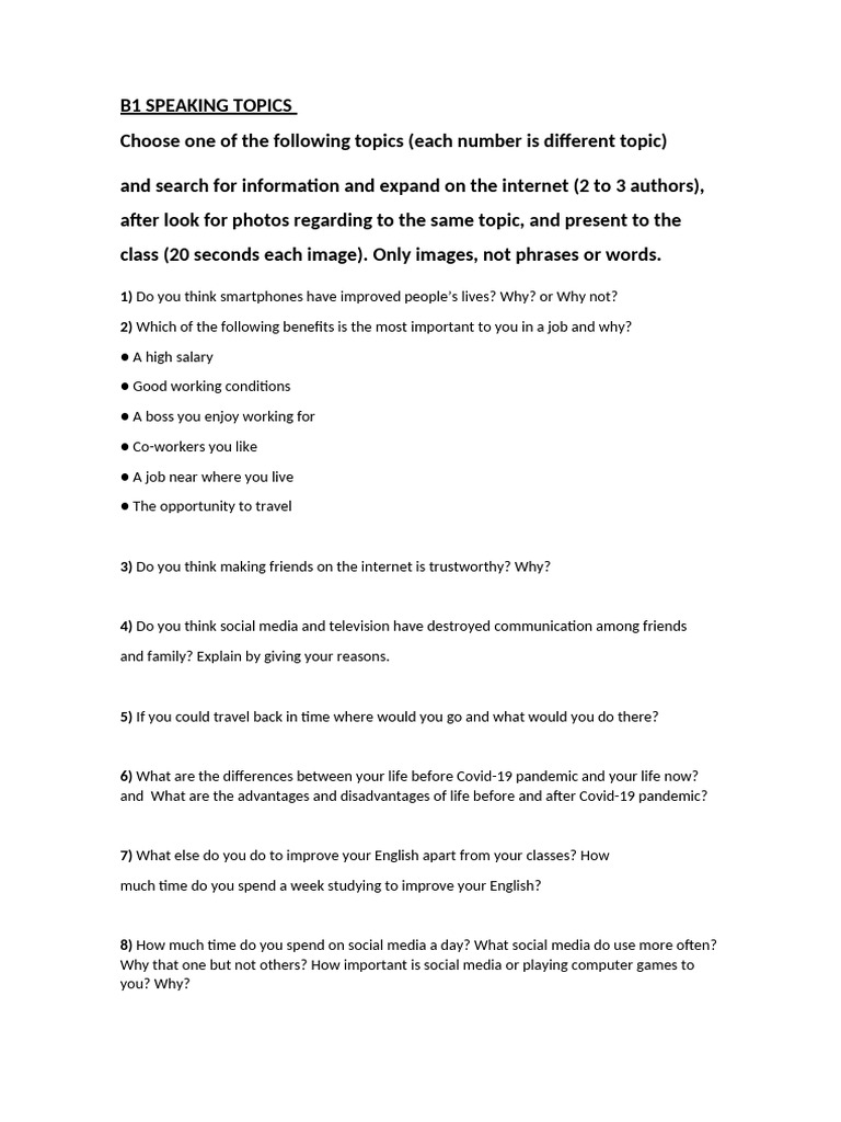 B1 Speaking Topics 777 | PDF