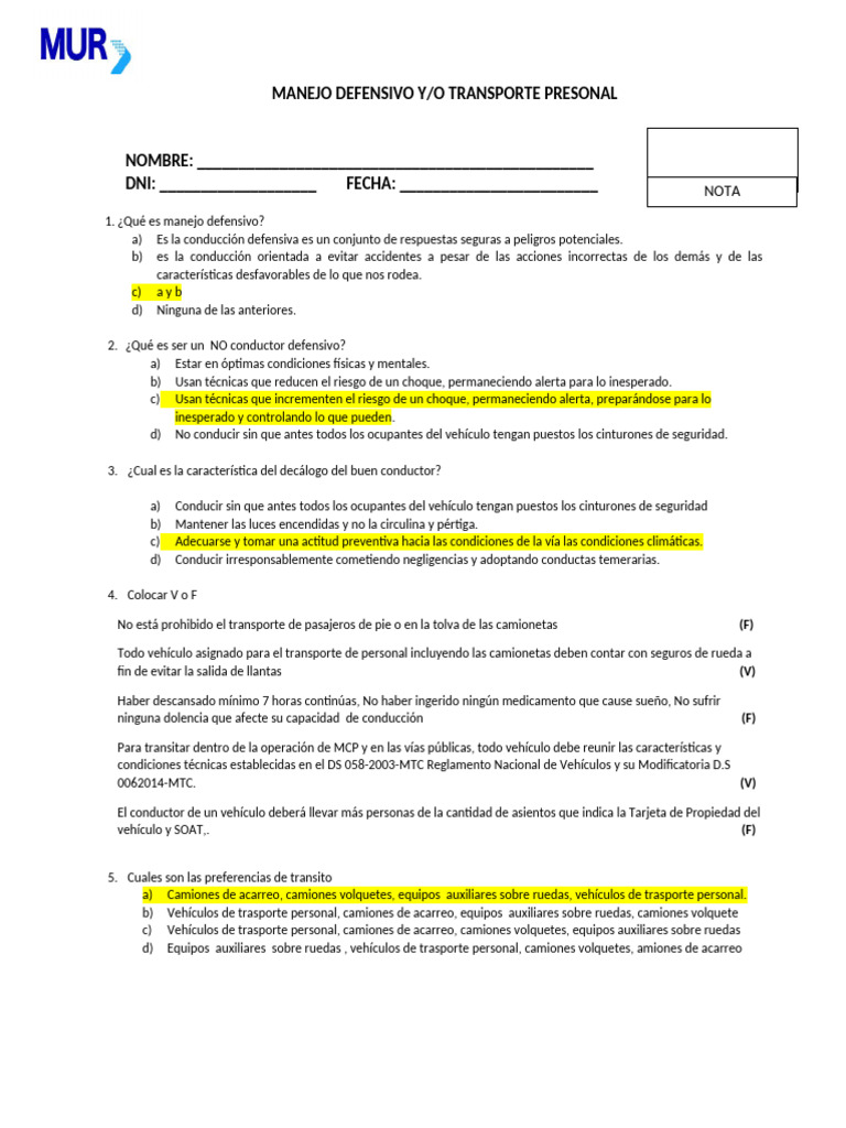 01 - EXAMEN Manejo Defensivo RPTA | PDF