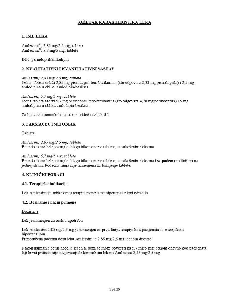 Sažetak Karakteristika Leka: Amlessini 2,85 mg/2,5 MG Tablete | PDF