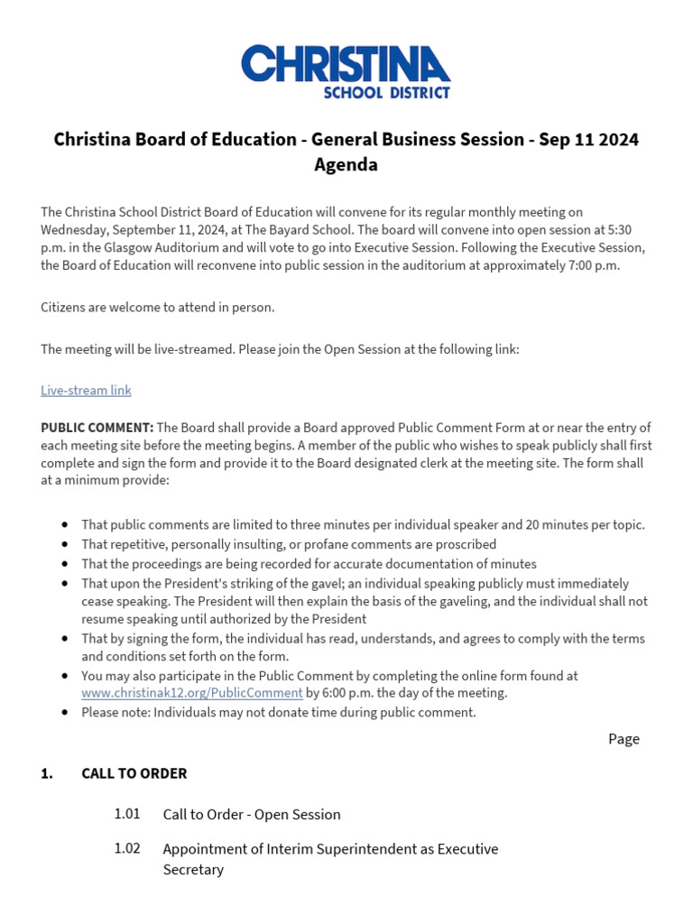 Christina Board of Education - General Business Session - Sep 11 2024 ...