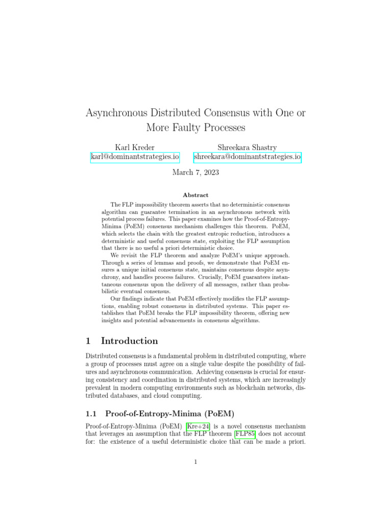 Possibility Of Asynchronous Distributed Consensus With One Or More 5650
