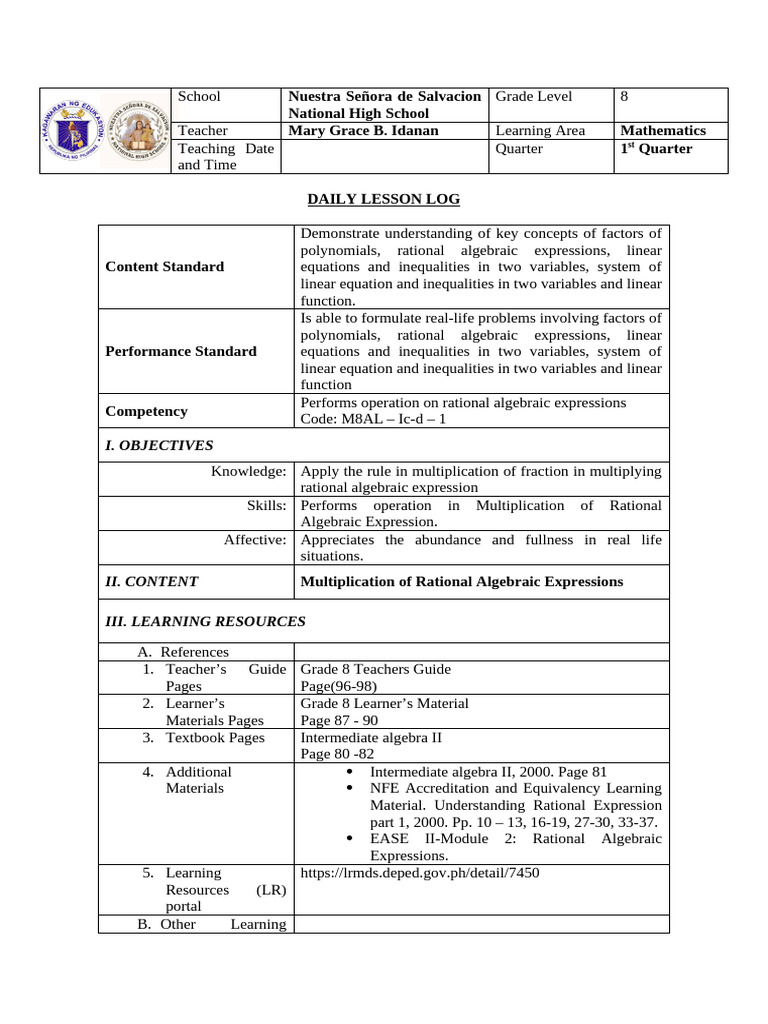 DLL Math 8 D11 | PDF