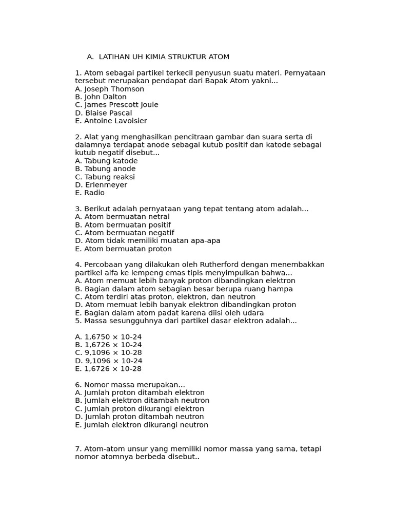 Latihan Uh Kimia Struktur Atom KLS 11 | PDF | Atoms | Teaching Methods ...