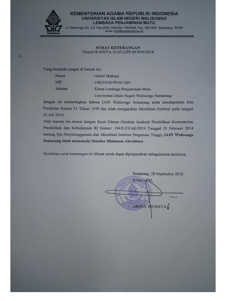 Surat Keterangan Akreditasi UIN Walisongo Sebelum Tahun 2015 | PDF