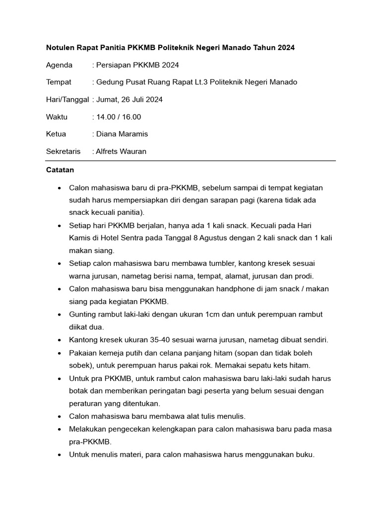 Notulen Rapat Panitia PKKMB 26 Juli 2024 | PDF