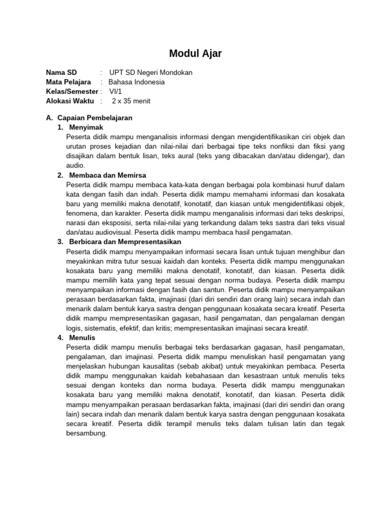 MODUL AJAR BAB 2 BHS IND KLS 6 | PDF