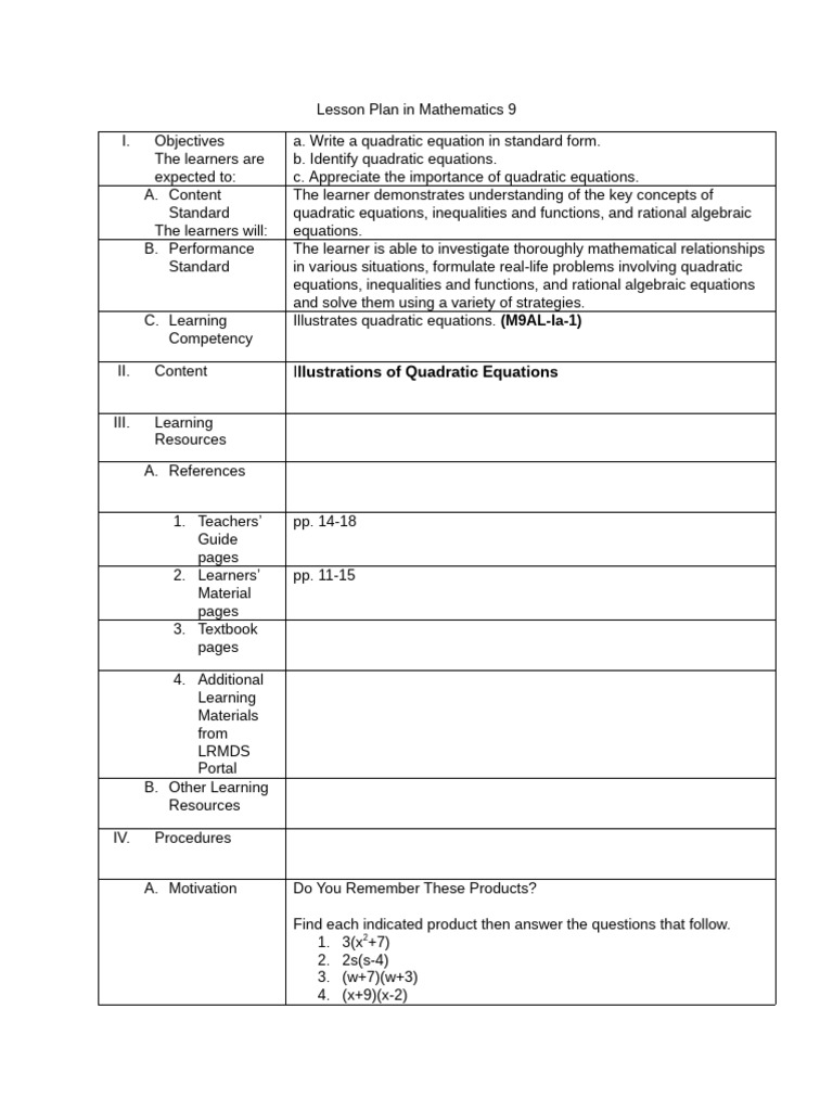 Llustrations of Quadratic Equations: (M9AL-Ia-1) | PDF