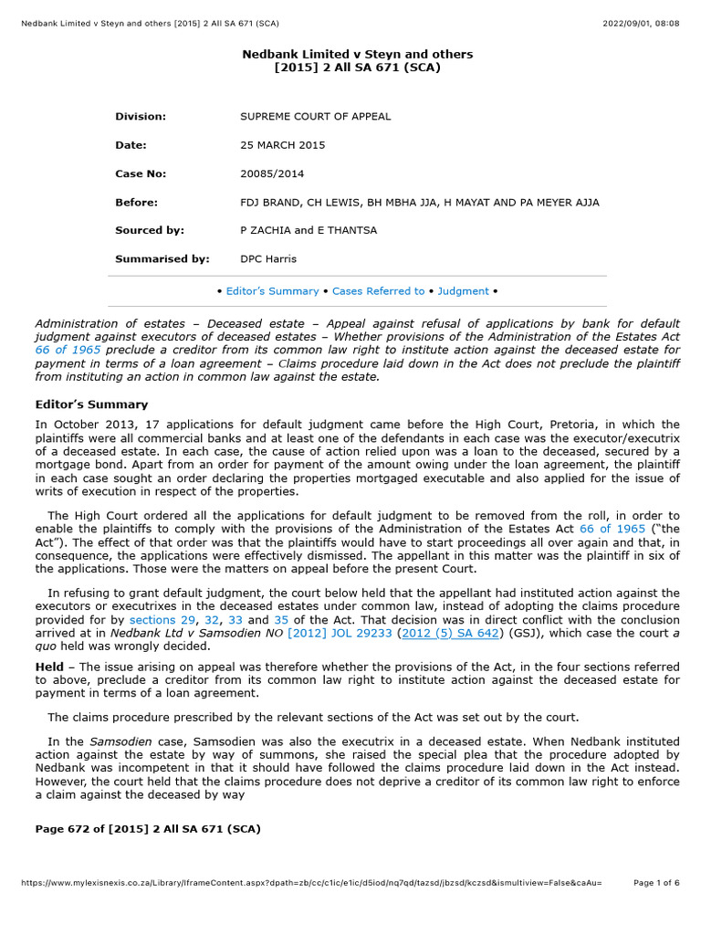 Nedbank Limited V Steyn and Others (2015) 2 All SA 671 (SCA) | PDF | Judgment (Law) | Appeal