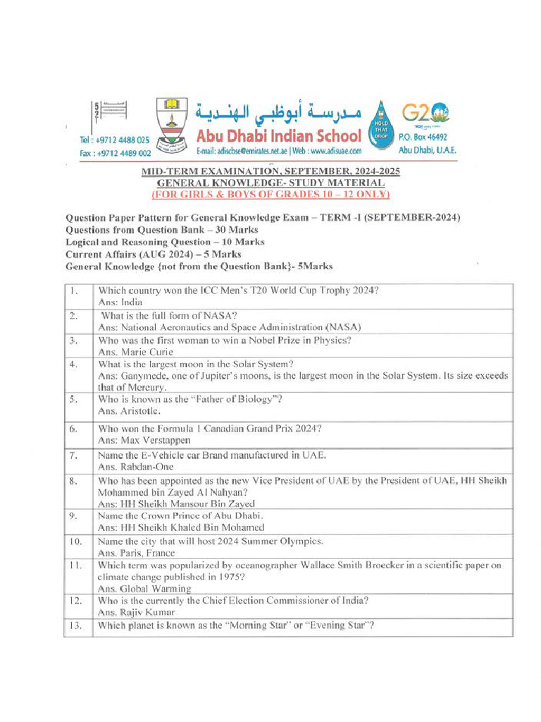 MID TERM 2024-2025 GK STUDY MATERIAL GRADE 10 To 12 | PDF
