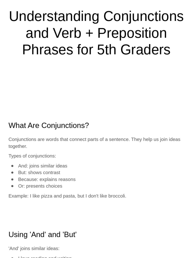 Understanding Conjunctions and Verb + Preposition Phrases For 5th Graders | PDF | Preposition ...