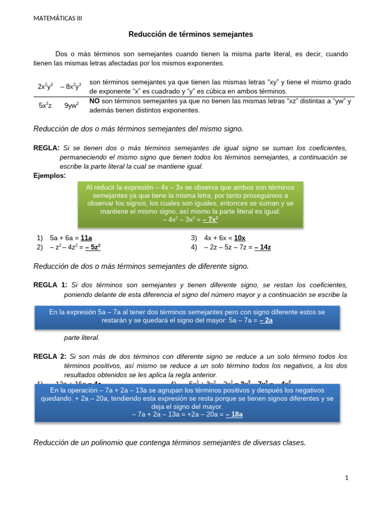 ACTIVIDAD 9. Simplificación de Términos Semejantes. Explicación y ...