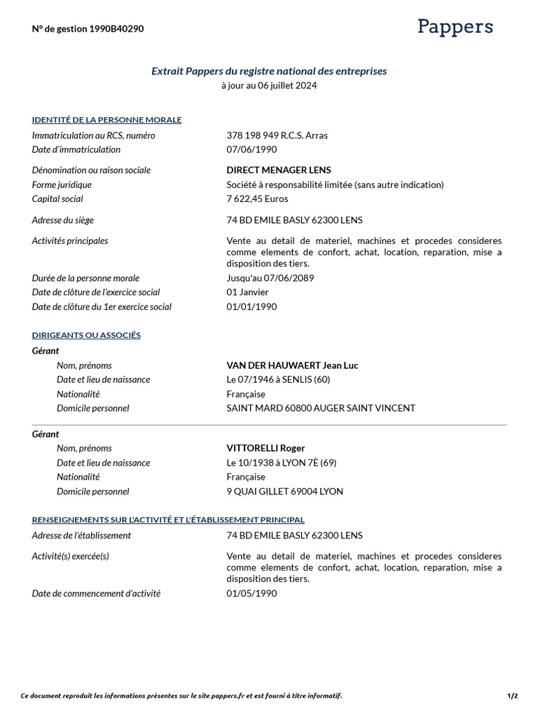 DIRECT MENAGER LENS - Extrait D'immatriculation | PDF