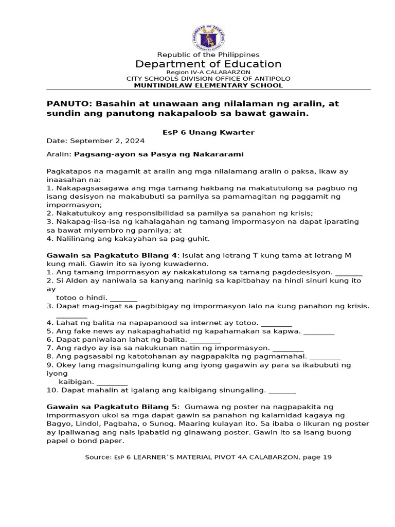 EsP 6-Rizal-Q1-W-6-D1-Modular Activities | PDF