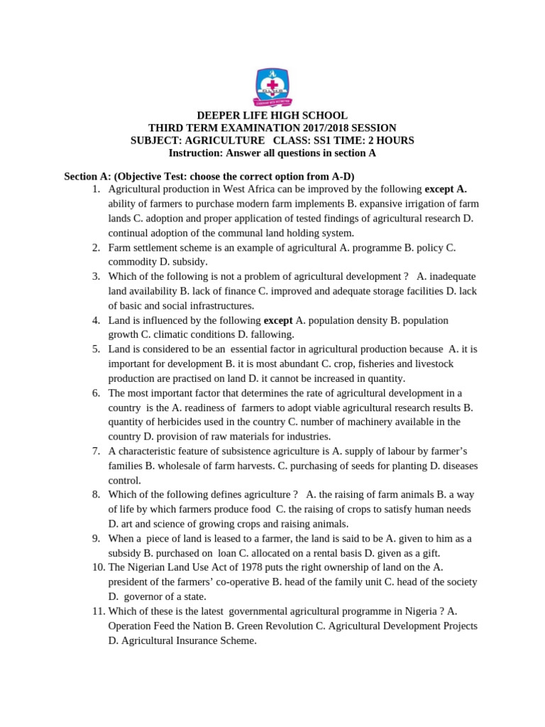 Ss 1 Agric Sci. 3rd Term Exam | PDF | Agriculture | Soil