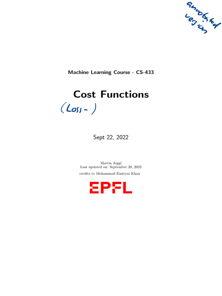 Cost Functions - EPFL ML | PDF