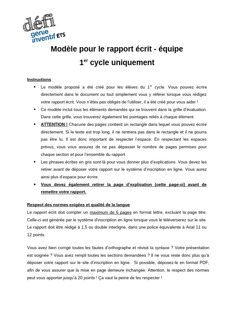 Modele Rapport Ecrit 1er Cyle EQUIPE DGIETS | PDF