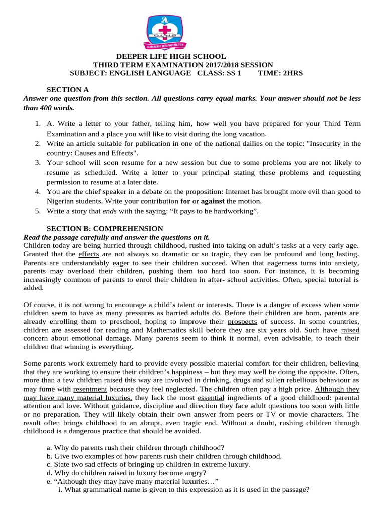 Ss 1 English Third Term Exam | PDF | Self Esteem
