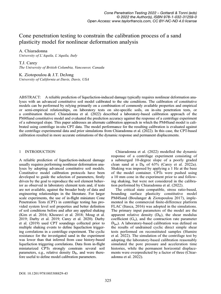Cone Penetration Testing To Constrain The Calibration Process of A Sand ...