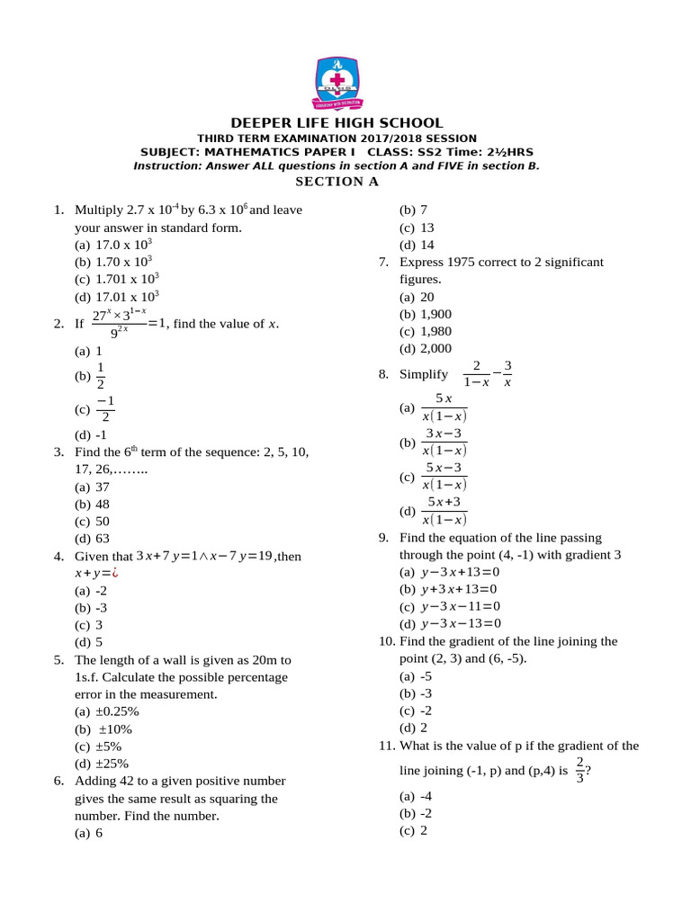 Ss 2 Maths 3rd Term Exan Paper 1 & 2 | PDF | Mathematics