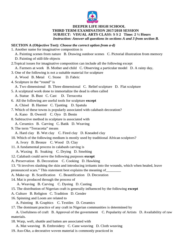 SS2 Visual Arts Exam Questions 2018 | PDF | Weaving | Art